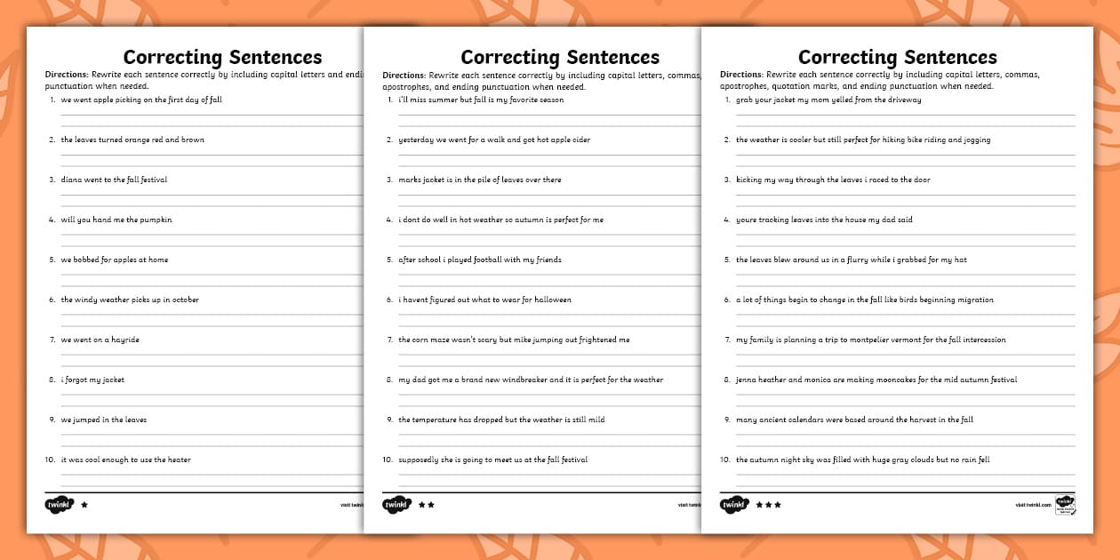 Fall-Themed Correcting Sentence Differentiated Worksheet