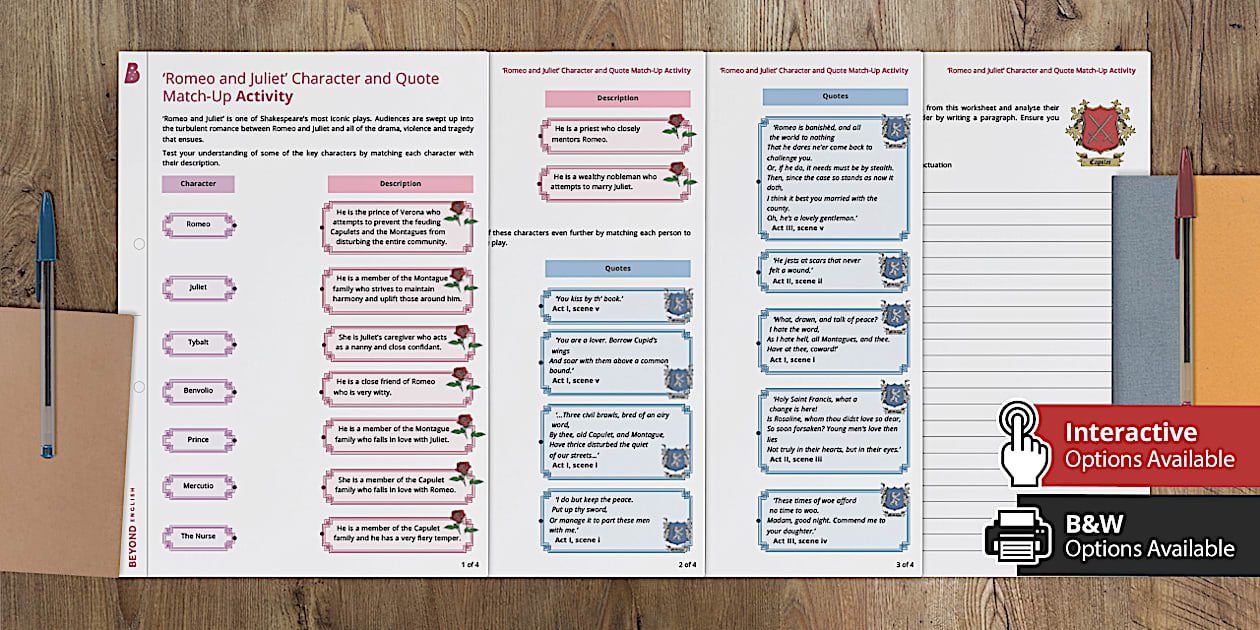 'Romeo and Juliet' Character and Quote Match-Up Activity