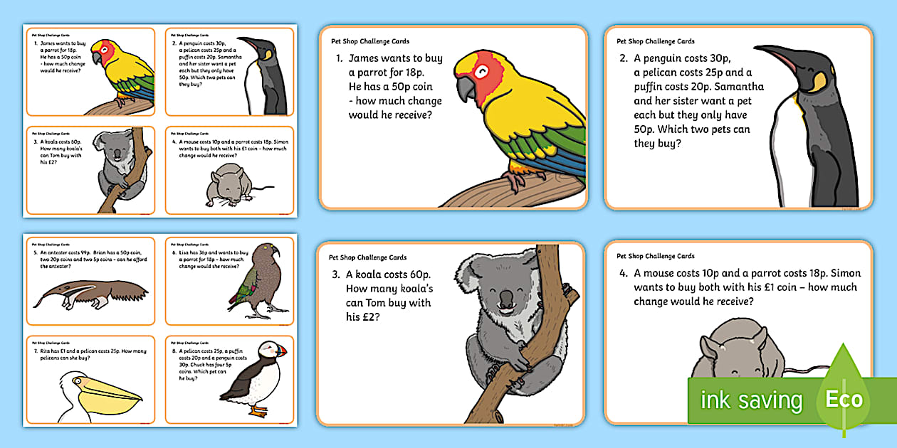 Editable Pet Shop Themed Maths Problems KS1 Challenge Cards