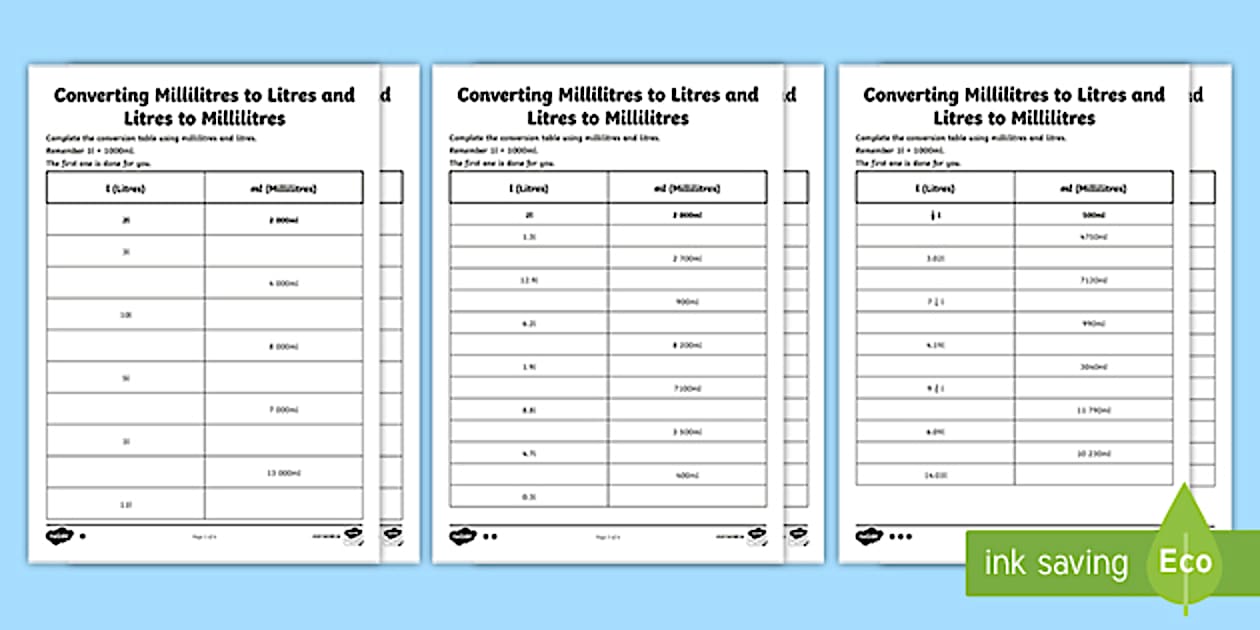 Converting litres to millilitres worksheet- easy to print.