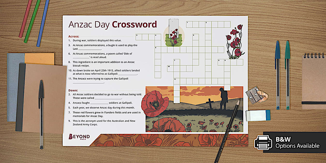 Anzac Day Crossword (teacher made) - Twinkl