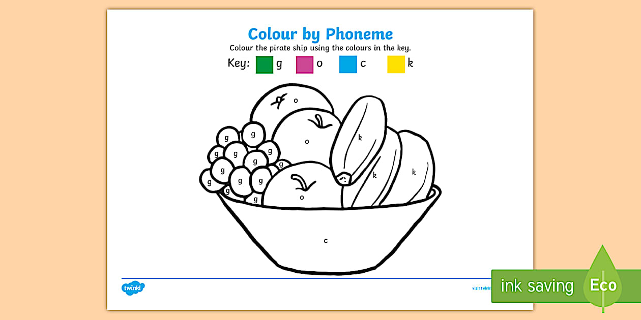Editable Color by Phoneme Fruit Bowl Phase 2 g o c k Coloring Page