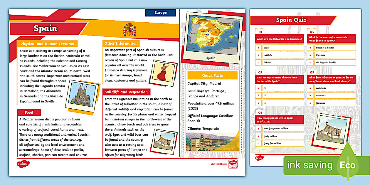 Editable Spain KS2 Fact File and Quiz (Teacher-Made)