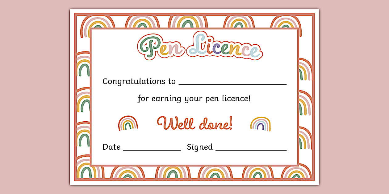 Muted Rainbow Themed Pen Licence Certificate (teacher made)
