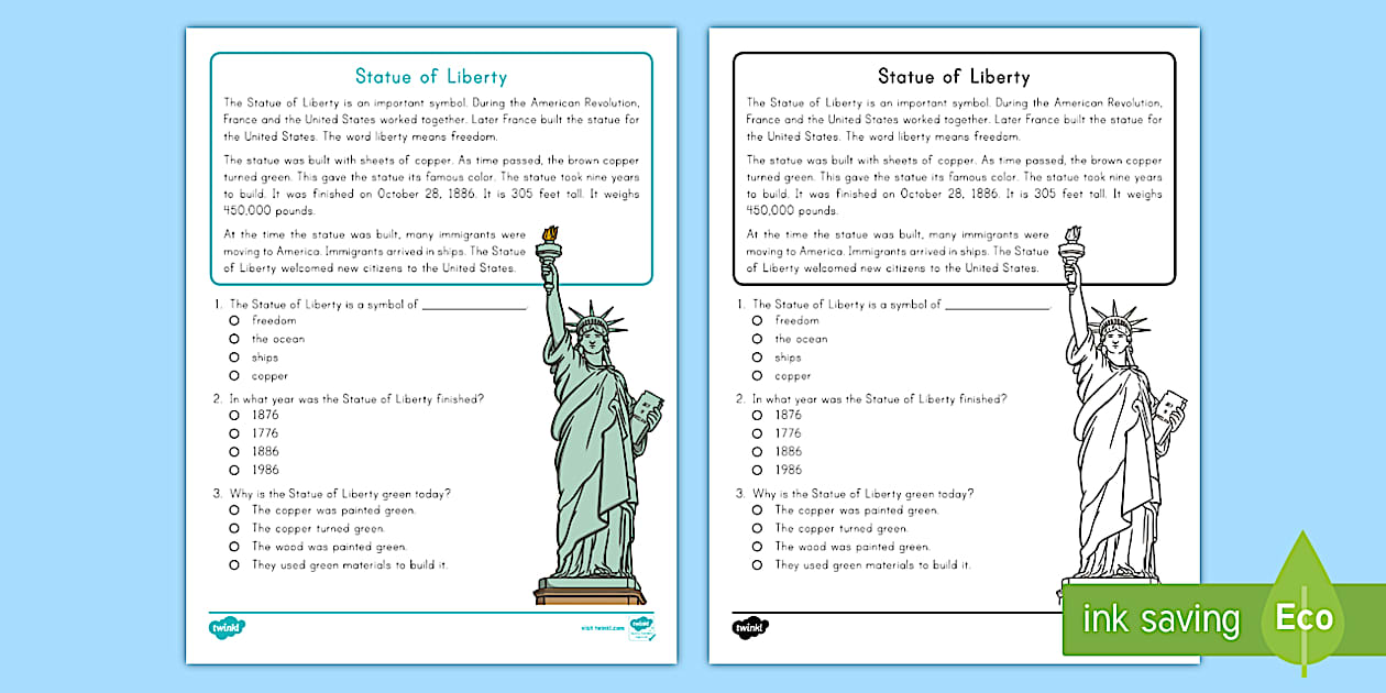 Second Grade Statue of Liberty Reading Passage Comprehension Worksheet