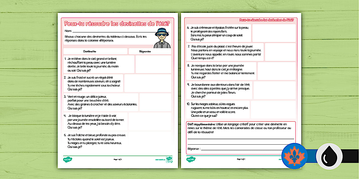 Summer Riddles Worksheet Primary Grades French - Twinkl