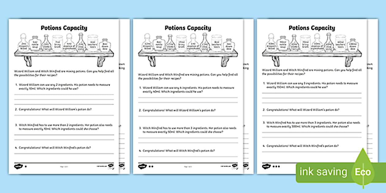 Editable KS1 Potions Capacity Activity (teacher made)