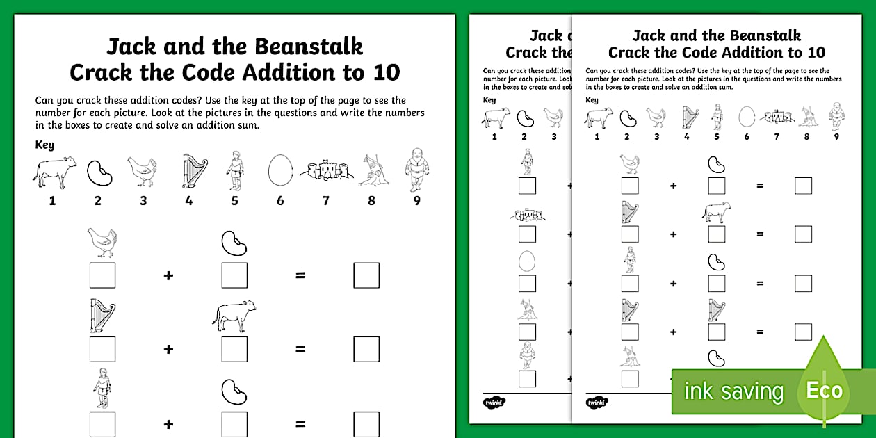 Jack and the Beanstalk Crack the Code Addition to 10 Worksheets