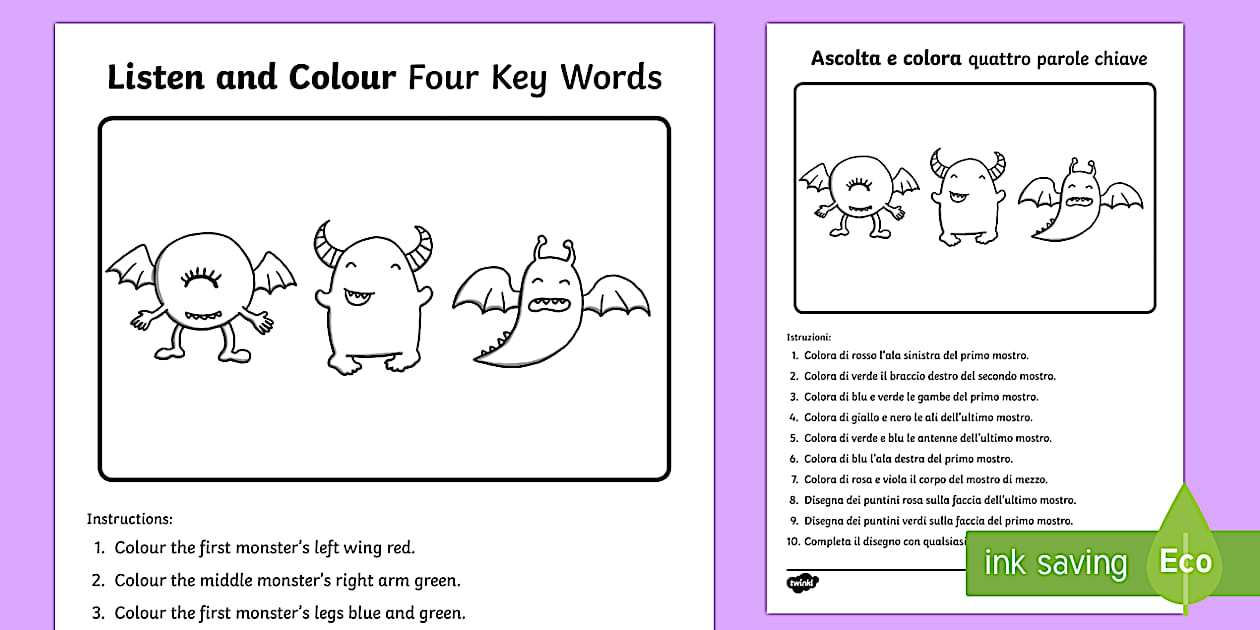 Listen and Color 4 Key Words Worksheet / Worksheet English/Italian