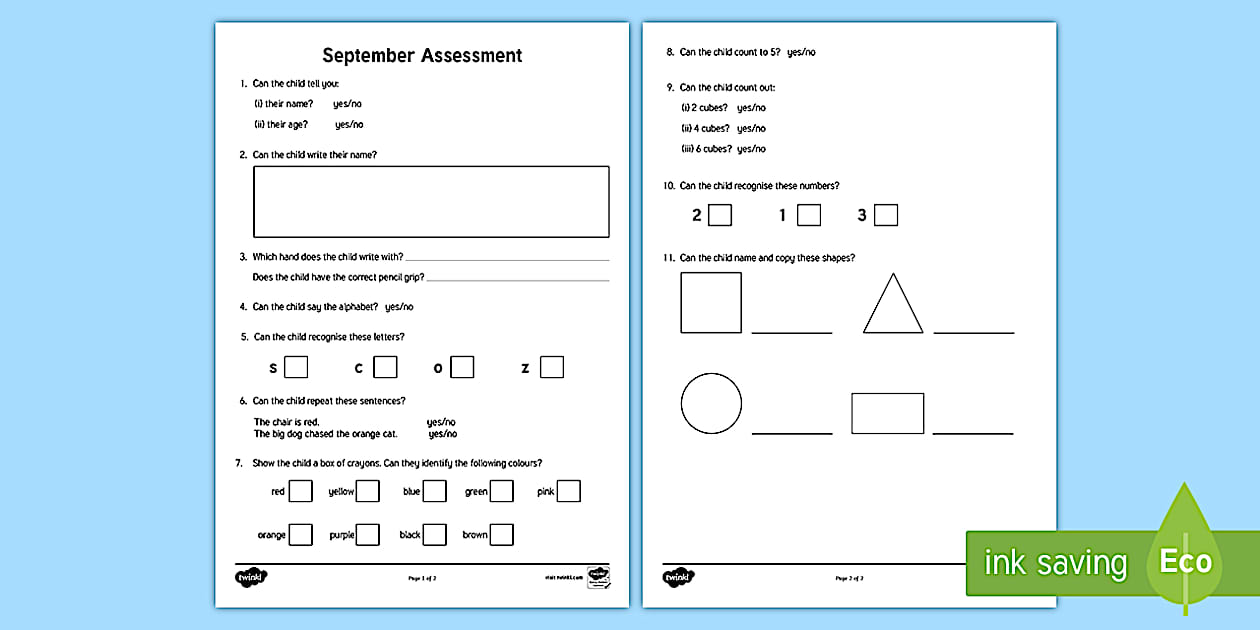 Junior Infant September Baseline Test - Twinkl Resource