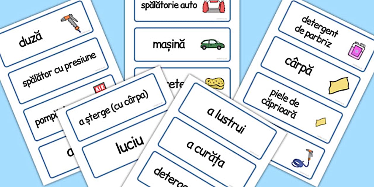 Spalatorie Auto, cartonase cu imagini si cuvinte, joc de rol, Romanian