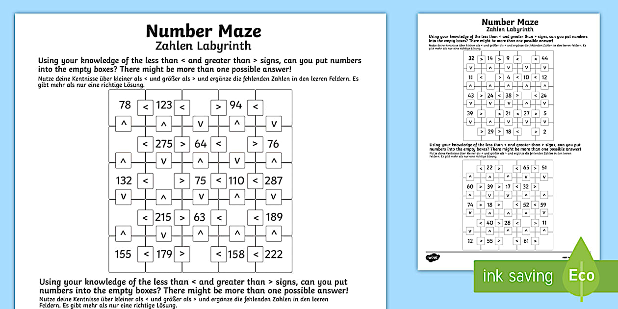 Number Maze Worksheet / Worksheets English/German