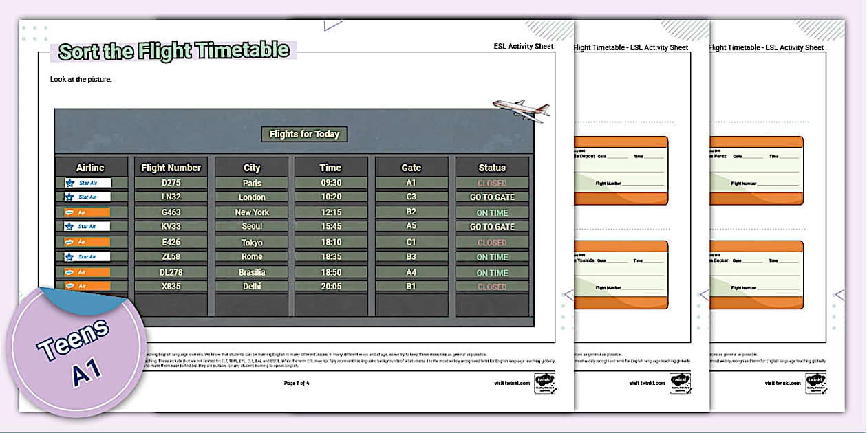 Twinkl ESL Flight Timetable Activity Sheet - Twinkl