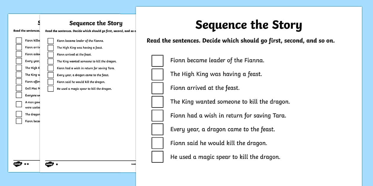 Fionn and the Dragon Read and Sequence Worksheet / Worksheet Differentiated