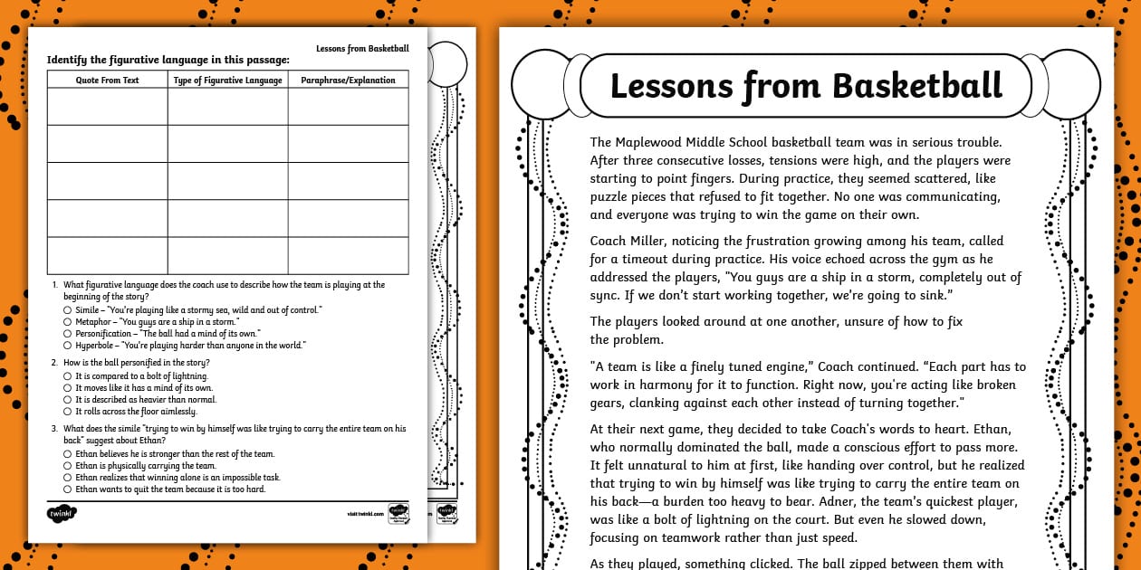 Seventh Gr Figurative Lang Close Read Basketball Short Story