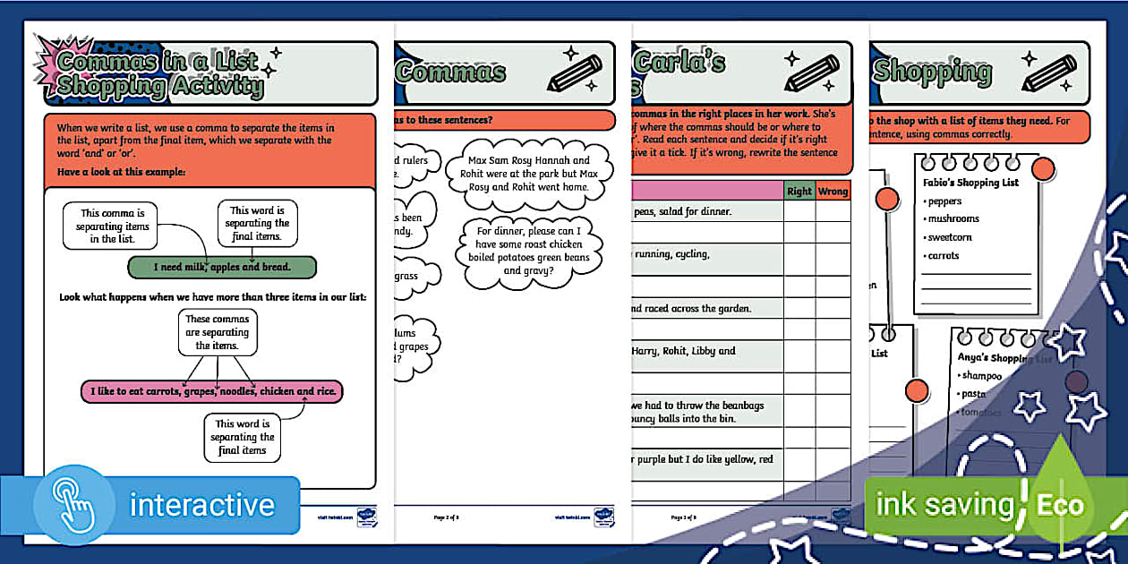 Year 2 Printable Commas In A List Activities | Parents 5-7