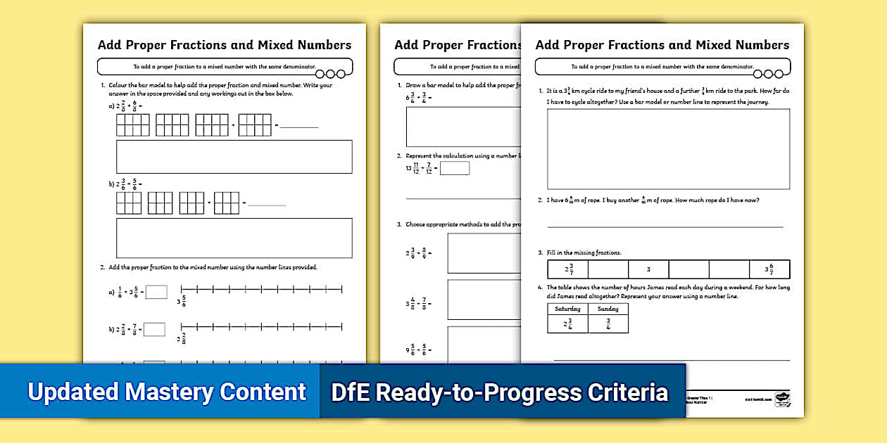 👉 Add Proper Fractions and Mixed Numbers Maths Worksheet