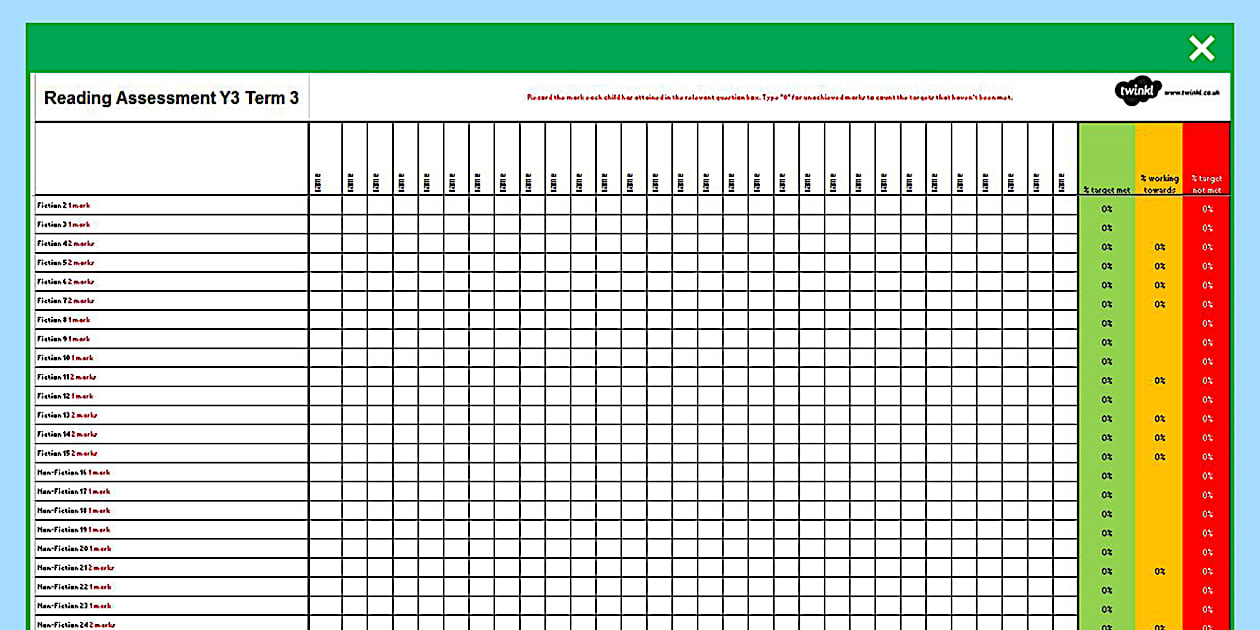 Year 3 Reading Assessment Spreadsheet Term 3 - Twinkl