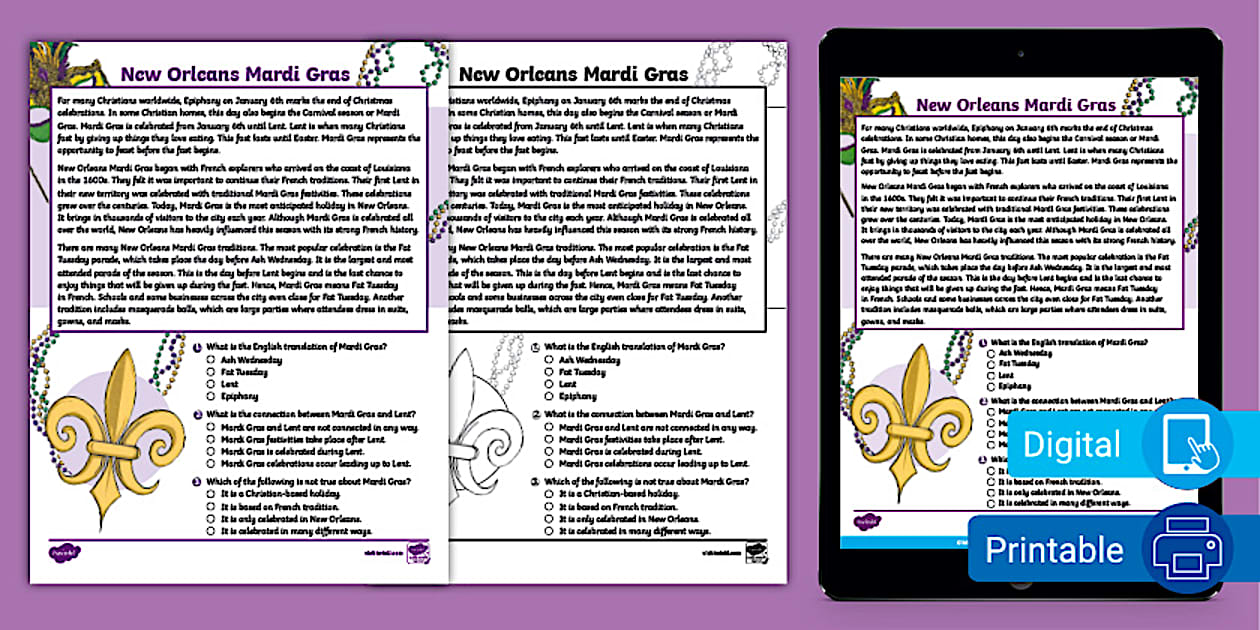 Seventh Grade New Orleans Mardi Gras Reading Passage Comprehension ...