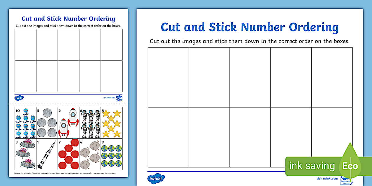 Space-Themed Cut and Stick Number Ordering Sheet - Twinkl