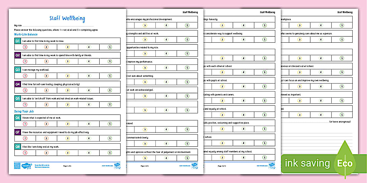 Editable Staff Wellbeing Questionnaire Checklist - Twinkl
