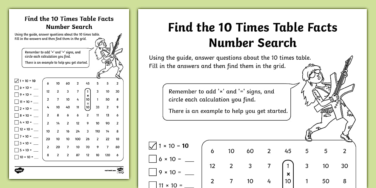 Find the 10 Times Table Facts Number Search Activity Sheet