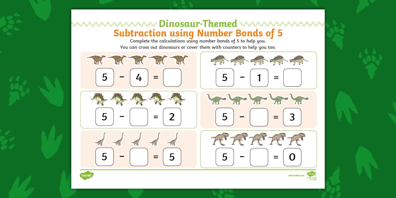👉 Dinosaur-Themed Subtraction From 5 Activity - Twinkl