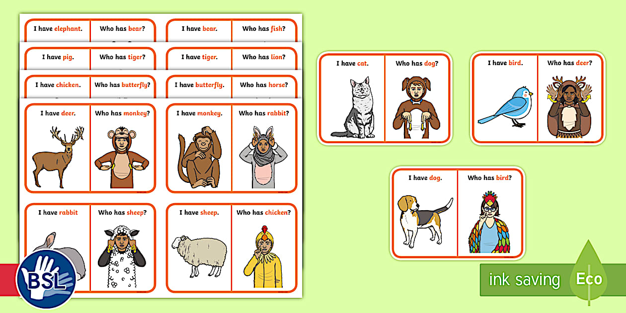 Editable I Have Who Has BSL Animals Sign Game - Twinkl