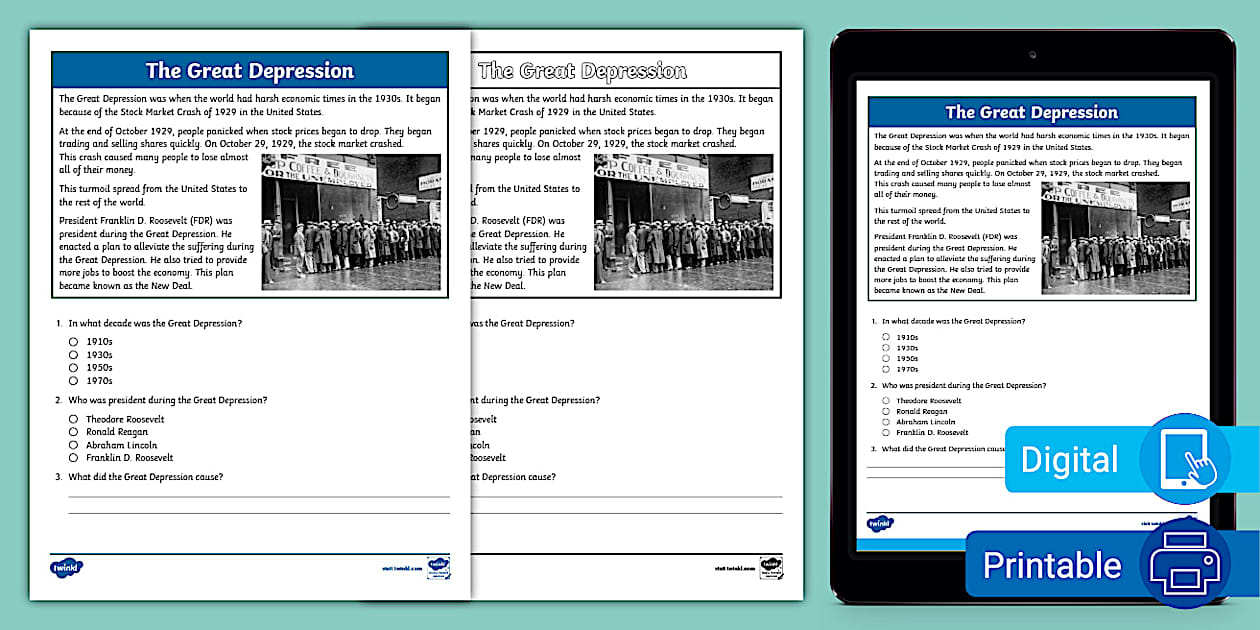 Fourth Grade Great Depression Reading Passage Comprehension