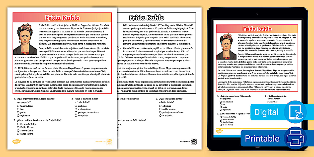 Comprensión lectora sobre Frida Kahlo | Twinkl USA - Twinkl