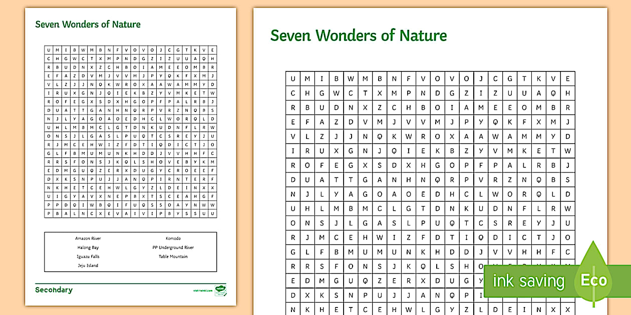 Seven Wonders of Nature Word Search Worksheet / Worksheet