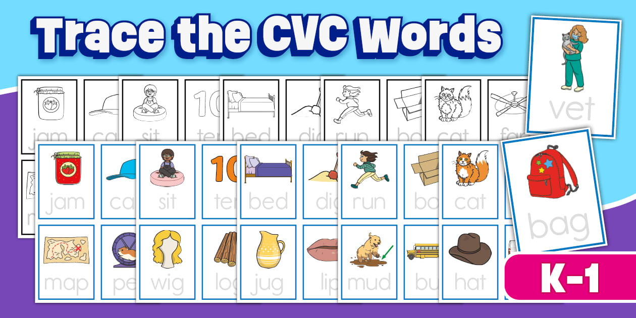 Trace the CVC Word Cards for K-1st Grade