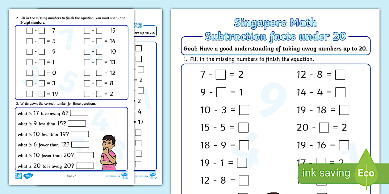 *Singapore Math-- Subtraction facts under 20* (teacher made)