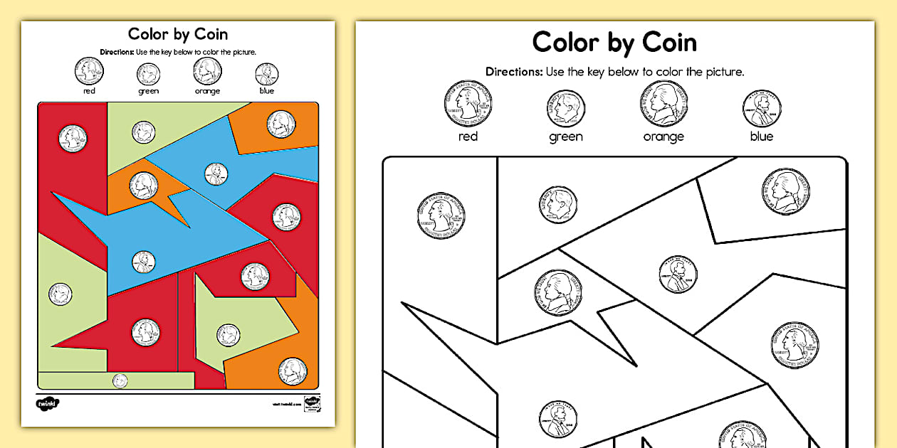 Second Grade Color by Coin Worksheet - Twinkl