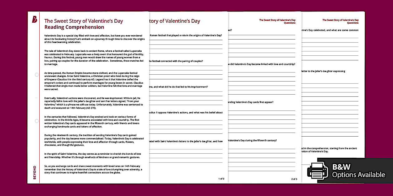 The Sweet Story of Valentine's Day Reading Comprehension