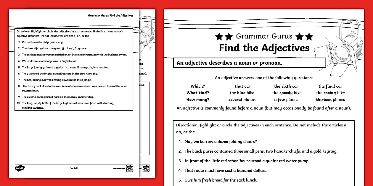 Grammar Gurus Find the Adjectives Worksheet for 6th-8th Grade