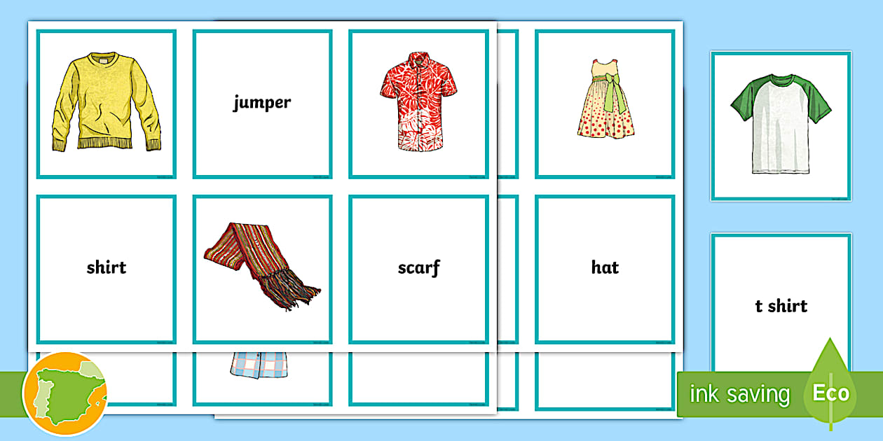 A2 Tarjetas de emparejar: Ropa en inglés - Twinkl