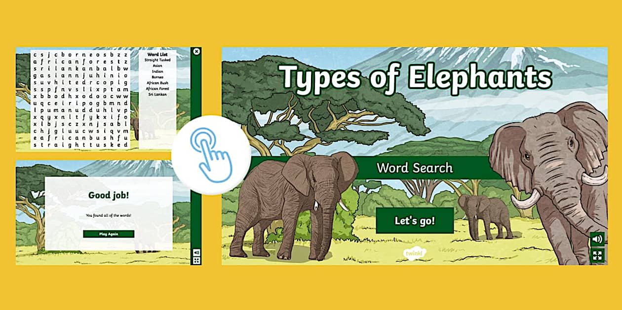 Free Types of Elephants Word Search for Kids: Click and Play