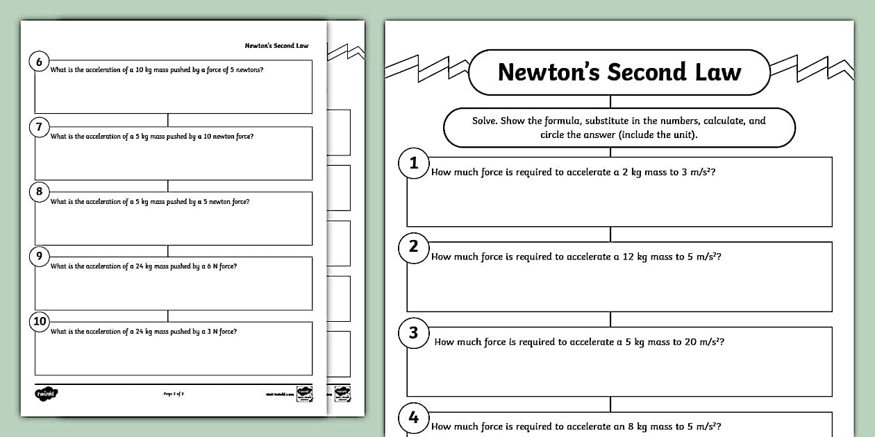 Newton's Second Law Math Calculations Worksheet for 6th-8th