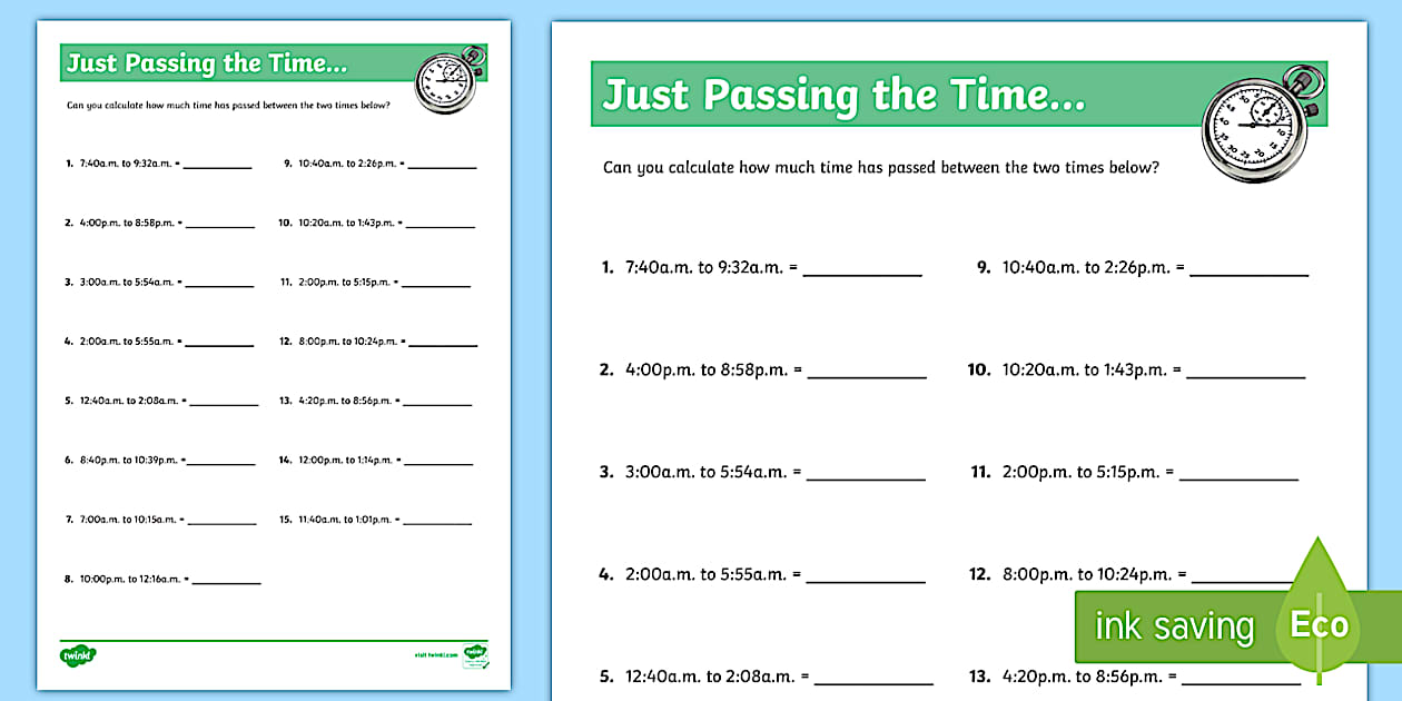 Just Passing the Time | Elapsed Time Worksheet - Twinkl