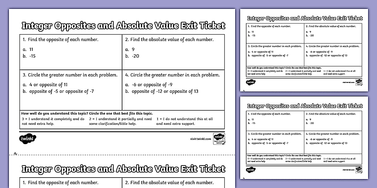 Seventh Gr Integer Opposites and Absolute Value Exit Ticket