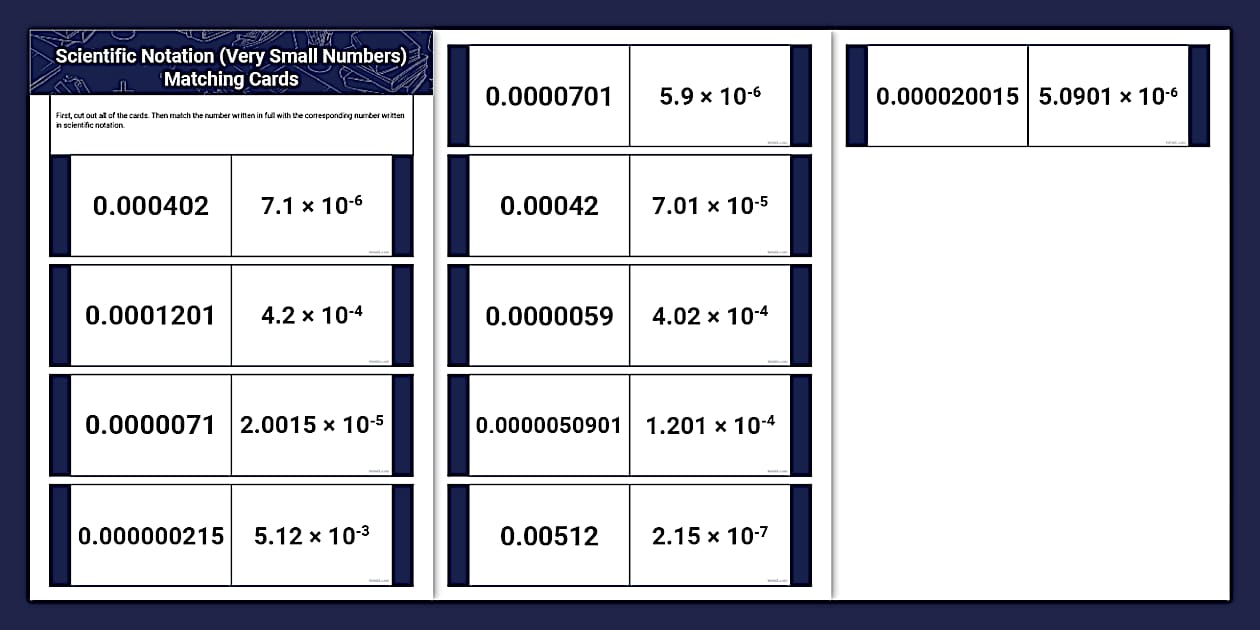 Scientific Notation (Very Small Numbers) Matching Cards