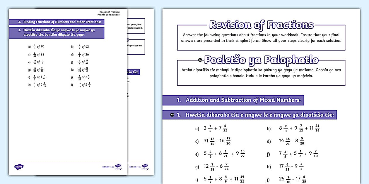 Revision of Fractions - Sepedi (teacher made) - Twinkl