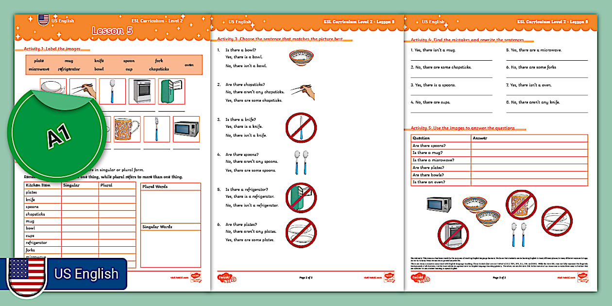 ESL Curriculum (US-English) Level 2, Lesson 5 Worksheet