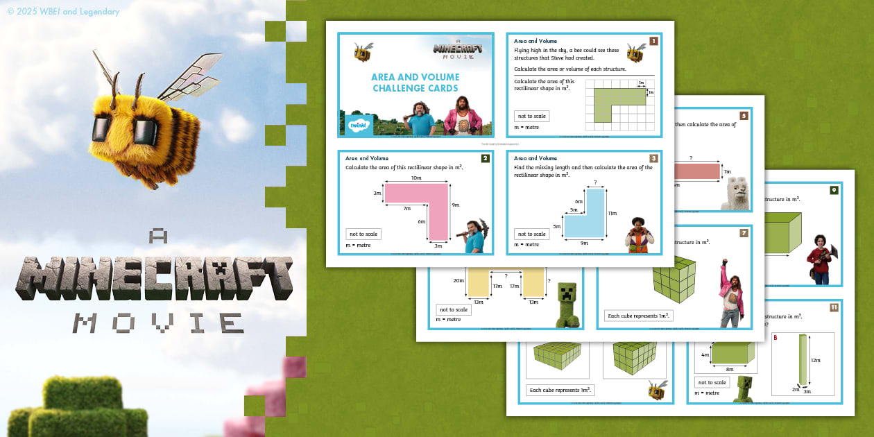 FREE! - 👉 A Minecraft Movie: Area and Volume Challenge Cards Ages 9-11