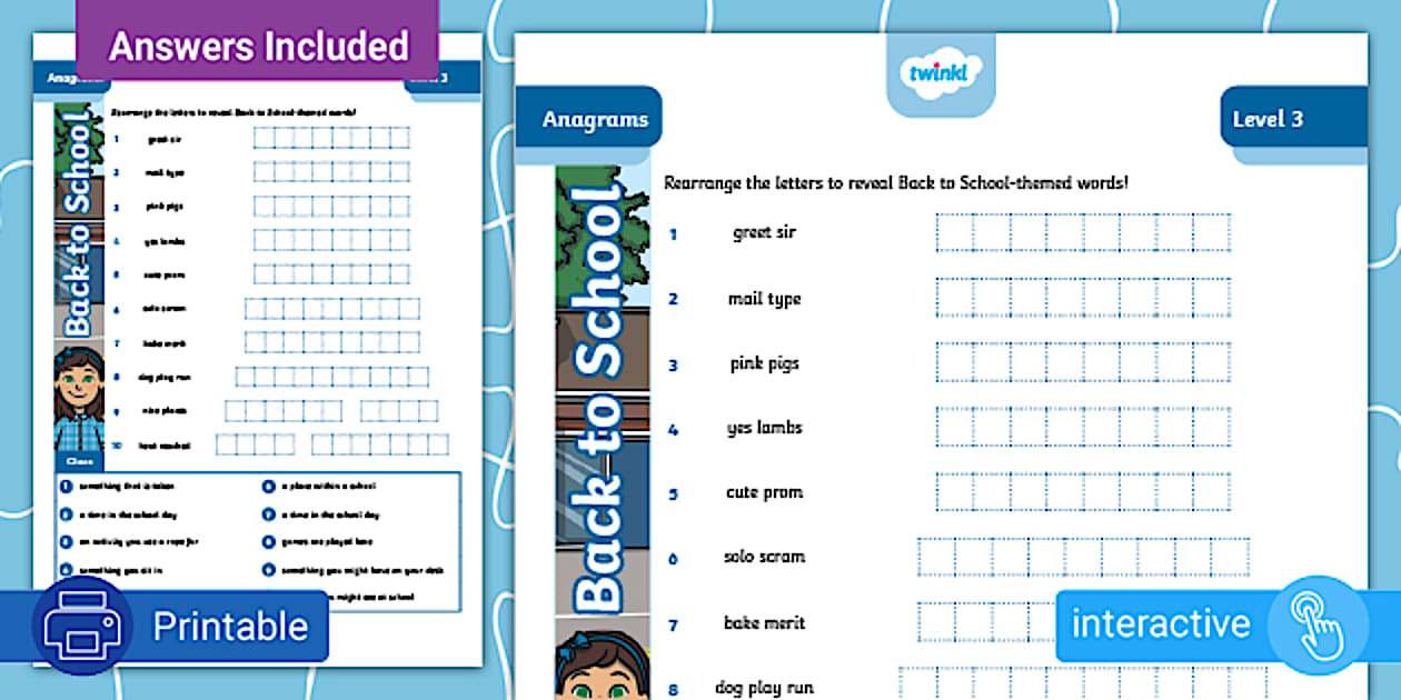 Back to School Anagrams - Level 3 - Twinkl - Kids Puzzles