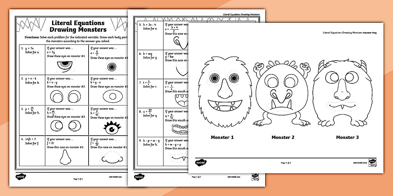 Algebra I: Literal Equations Drawing Monsters Worksheet