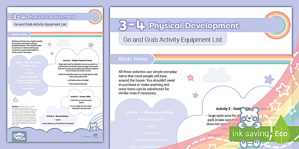 3-4 Years Physical Development Activity Equipment List