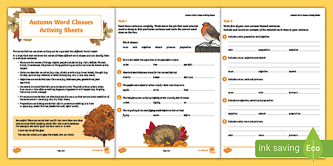 Word Classes Activity Sheets Autumn (Teacher-Made) - Twinkl