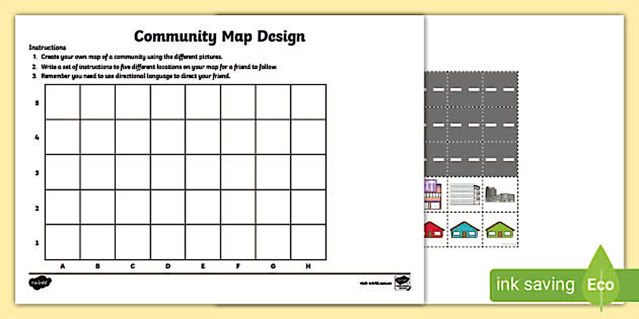 Community Map Design and Directions Worksheet (teacher made)
